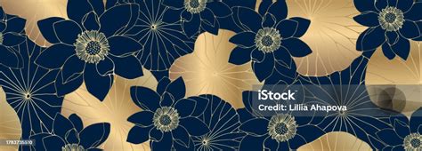 황금 꽃과 수련 잎을 가진 호화스러운 벡터 꽃 배경 장식 벽지 표지 카드 및 프리젠 테이션을위한 어두운 배경 0명에 대한 스톡 벡터 아트 및 기타 이미지 Istock