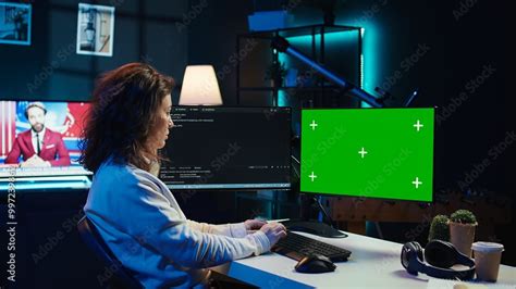 Developer Doing Software Debugging On Green Screen Pc At Home Checking