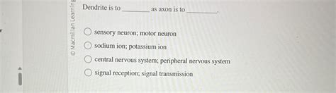Solved Dendrite Is To ﻿as Axon Is To Sensory Neuron