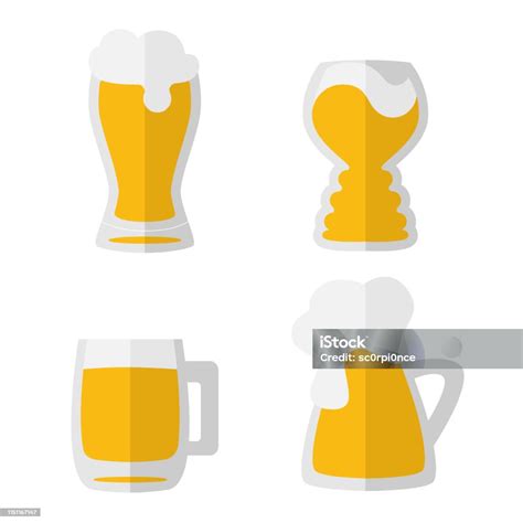 4 평면 손으로 그린 맥주 머그잔 아이콘 흰색 절연의 집합입니다 노란색 주황색 회색 맥주의 날 파티 컨셉 벡터에 대한 스톡 벡터