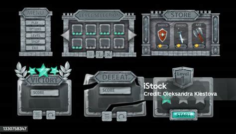 돌 중세 게임 메뉴 프레임 세트 벡터 Ui 버튼 아이콘 키트 승리 패배 배경 기사 무기 여가활동 게임에 대한 스톡 벡터 아트 및 기타 이미지 Istock