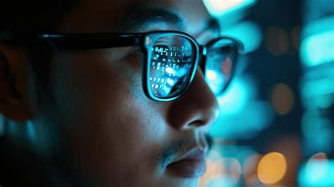 Premium Photo Asian Programmer Man And Reflection In Glasses Focus And Programming For Cyber
