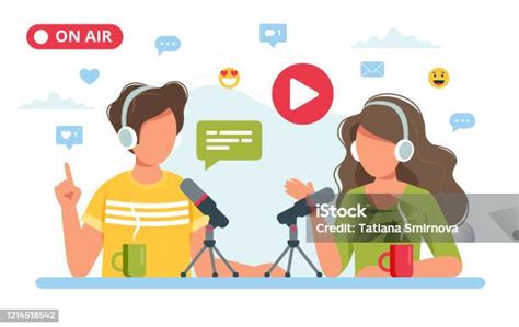 스튜디오에서 마이크 녹음 팟 캐스트에 이야기하는 사람들 플랫 스타일의 벡터 일러스트레이션 팟캐스팅에 대한 스톡 벡터 아트 및