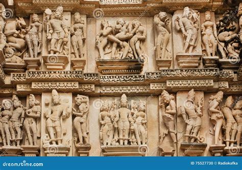 Stone Relief With Sexual Life Of Ancient People On Wall Of Khajuraho Temple India Unesco