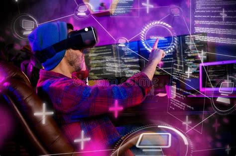 Modern Social Network Global World Hi Tech Young Man Using Holographic Technologies For Coding