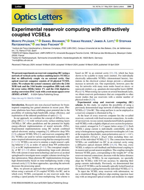 Experimental Reservoir Computing With Diffractively Coupled Vcsels Request Pdf