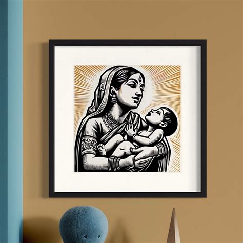Holy Mother Linocut Style Indian Motherhood Mom Family Baby Maternal Gift Print Home Decor Wall