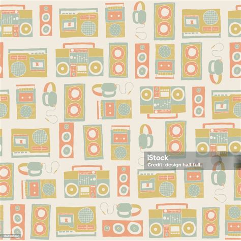 벡터 70 년대 80 년대 복고풍 카세트 플레이어 스피커 붐 박스 헤드폰 원활한 패턴 배경 대형 휴대용 카세트 라디오에 대한