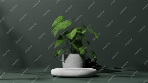 흰색 연단과 식물이 있는 고급 짙은 녹색 배경 3d 천연 빈 받침대 제품 쇼케이스 프리미엄 사진