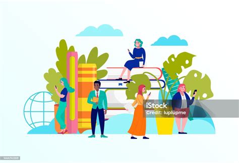 온라인 전자 라이브러리 개념 벡터 일러스트레이션 인터넷 평면 세계 교육에 디지털 지식 남자 여자 캐릭터 읽기 개념에 대한 스톡