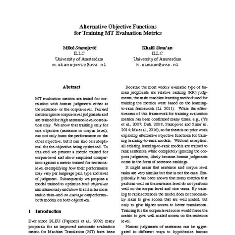 Alternative Objective Functions For Training Mt Evaluation Metrics Acl Anthology