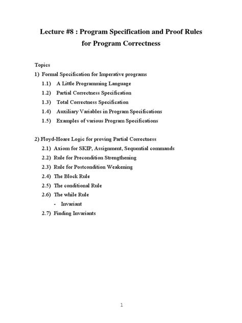 Formal Specification And Proof Rules For Program Correctness An Introduction To Specifying