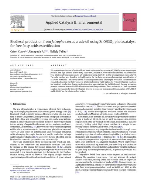 Biodiesel Production From Jatropha Curcas Crude Oil Using Znosio2 Photocatalyst For Free Fatty