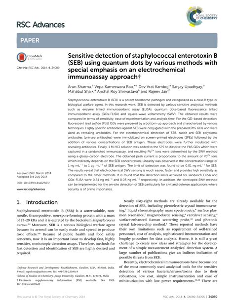 Pdf Sensitive Detection Of Staphylococcal Enterotoxin B Seb Using Quantum Dots By Various