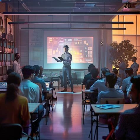 Man Presenting Data To Audience In Classroom Premium Ai Generated Image