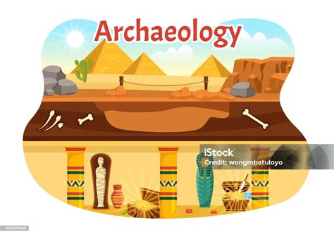 고대 유적 유물 및 공룡 화석의 고고학적 발굴이 있는 고고학 삽화는 평평한 만화 손으로 그린 템플릿 건축에 대한 스톡 벡터 아트 및 기타 이미지 Istock