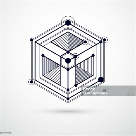벡터 아이소메트릭 메쉬 라인 스타일에서 만든 추상 흑백 배경 기계적 체계 벡터 드로잉 큐브 및 메커니즘 부품 엔지니어링 디자인에 대 한 완벽 한 배경 등측투영법에 대한 스톡
