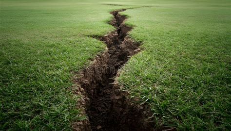 Ground Crack And Green Grass In Half Land Landscape Outdoors Stock