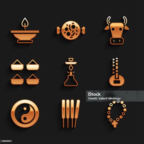 세트 후카 아로마 스틱 향 묵주 구슬 종교 시타르 음양 인도 향신료 소와 램프 아이콘 벡터 검은색에 대한 스톡 벡터 아트 및