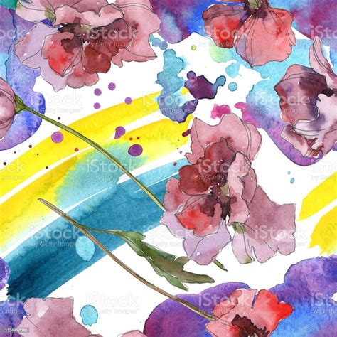 자주색 빨간 양 귀 비 꽃 식물 꽃입니다 수채화 배경 그림 설정 합니다 원활한 배경 패턴입니다 그리기에 대한 스톡 벡터 아트 및