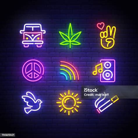 히피 아이콘을 설정 합니다 히피 네온 사인 밝은 간판 빛 배너입니다 네온 고립 된 아이콘 엠 블 럼 히피 자동차 대마초 승리의 손 태평양 무지개 세계 태양 네온에 대한 스톡