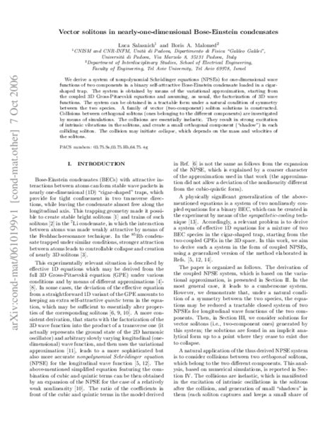 Pdf Vector Solitons In Nearly One Dimensional Bose Einstein