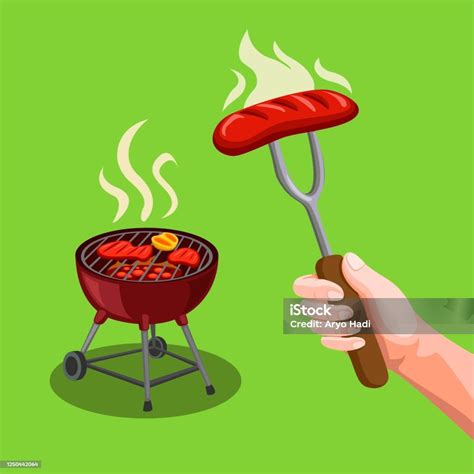 바베큐 파티 스테이크 고기 에 그릴과 손 들고 포크 소시지 기호 개념에 만화 일러스트 벡터 7월에 대한 스톡 벡터 아트 및 기타 이미지 7월 Barbecue
