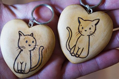Cute Sad Cat Wooden Keyring Pyrography Wood Heart Etsy Uk