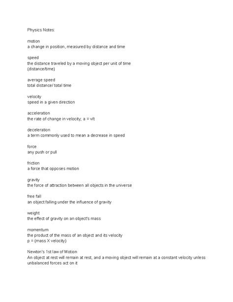 Physics Notes Physics Notes Motion A Change In Position Measured By Distance And Time Speed