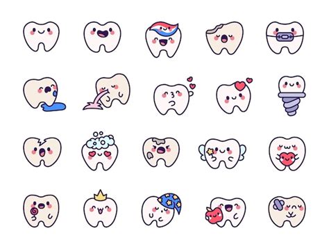 귀여운 카와이 이빨 재미있는 만화 캐릭터 프리미엄 벡터