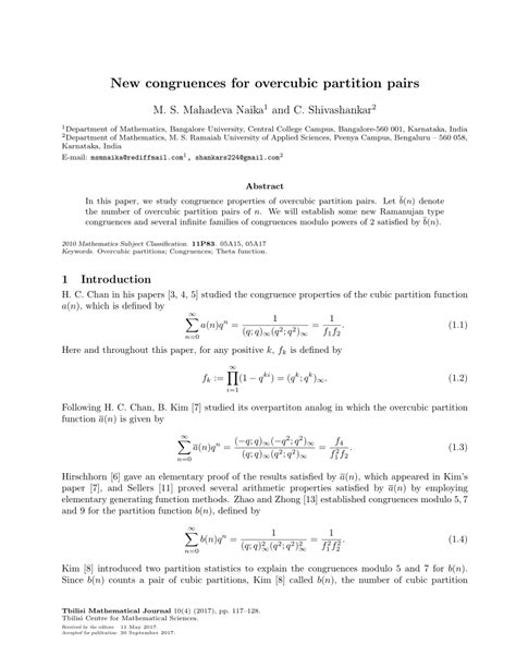Pdf New Congruences For Overcubic Partition Pairs