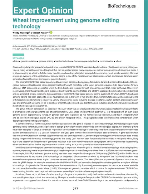Pdf Wheat Improvement Using Genome Editing Technology