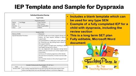 Iep Template And Sample Iep For Dyspraxia Teaching Plans Ireland
