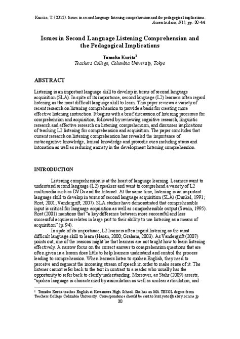 Pdf Issues In Second Language Listening Comprehension And The Pedagogical Implications