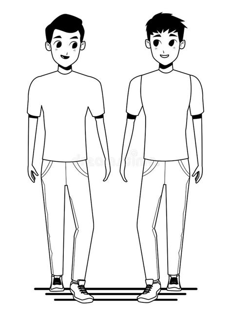 Young Couple Smiiling And Walking Cartoon In Black And White Stock