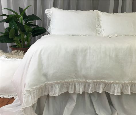 White Linen Vintage Ruffle Duvet Cover Available In Twin Full Queen