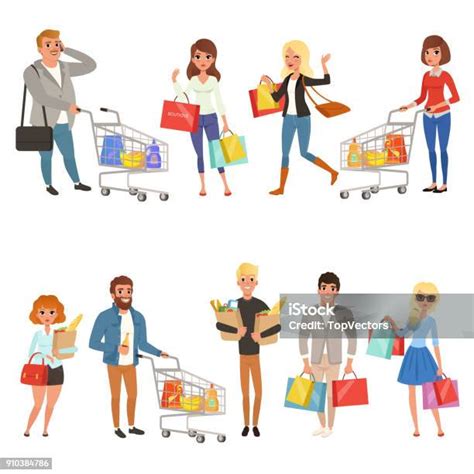 사람들이 쇼핑 설정 합니다 슈퍼마켓 쇼핑 카트 및 식품 종이 가방에 플랫 만화 캐릭터 흰색 절연 벡터 일러스트 가족에 대한 스톡