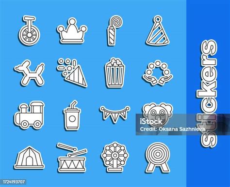 라인 타겟 광대 머리 저글링 공 생일 파티 경적 축제 색종이 풍선 개 외발 자전거 한 바퀴 자전거 및 팝콘 상자 아이콘을 설정합니다 벡터 1에 대한 스톡 벡터 아트 및 기타