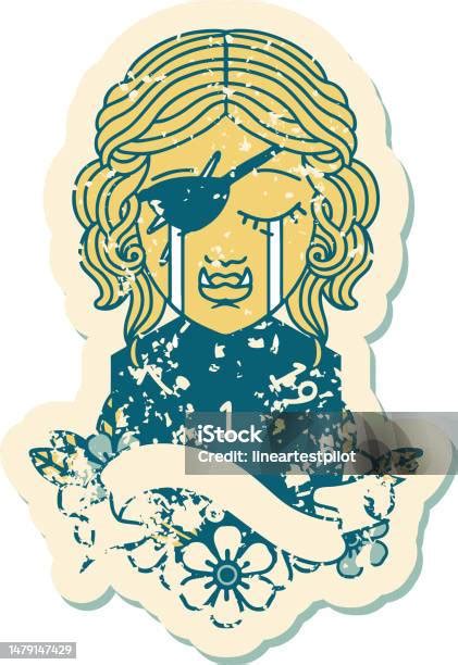 레트로 문신 스타일 우는 오크 불량 캐릭터 얼굴 자연 하나 D20 주사위 롤 굴리기에 대한 스톡 벡터 아트 및 기타 이미지