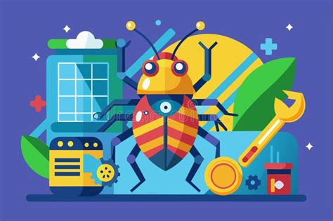 A Colorful Illustration Depicting Bug Fixing Concepts With A Large Bug Tools And Graphical