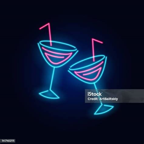 건배 토스트 네온 칵테일 패션 사인 야간 조명 간판 빛나는 배너 여름 엠블럼 어두운 배경에 클럽 바 로고 유리에 우산으로 술을