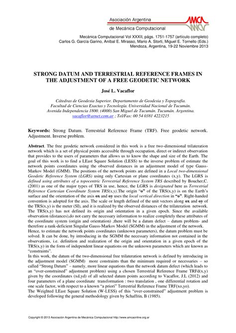 Pdf Strong Datum And Terrestrial Reference Frames In The Adjustment Of A Free Geodetic Network