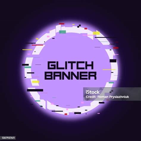 글리치 둥근 배너 왜곡으로 글리치 네온 원 프레임 바이올렛 배경에 깨진 픽셀 효과를 가진 카드 웹 포스터에 대한 트렌디 한