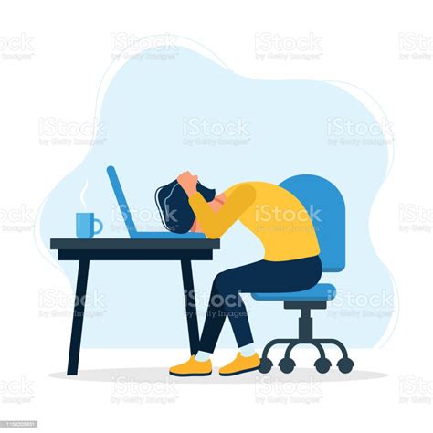 소진 된 남자 사무실 노동자가 테이블에 앉아 번아웃 개념 그림 좌절 노동자 정신 건강 문제 플랫 스타일의 벡터 일러스트레이션 일함에 대한 스톡 벡터 아트 및 기타 이미지