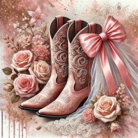 Watercolor Rose Gold Cowgirl Boots Decorated Blush Pink Roses And
