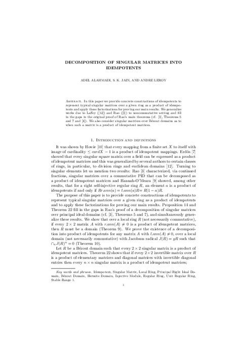 pdf decomposition of singular matrices into idempotents