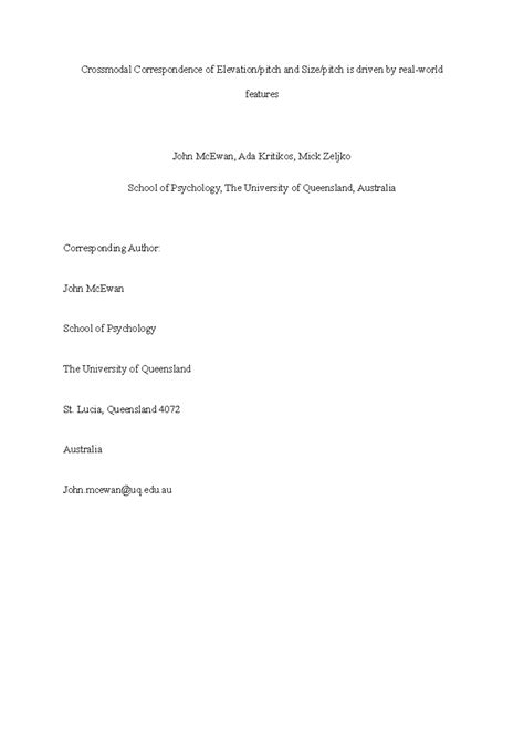 Crossmodal Correspondence Of Perceptual Features Crossmodal Correspondence Of Elevation Pitch