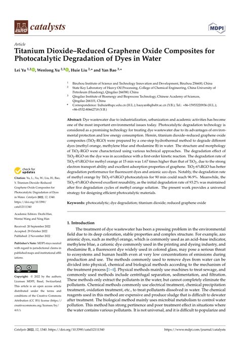 Pdf Titanium Dioxidereduced Graphene Oxide Composites For Photocatalytic Degradation Of Dyes