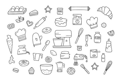 베이킹 및 조리 장비가있는 손으로 그린 템플릿 낙서 스케치 스타일 일러스트레이션 오븐에 굽기에 대한 스톡 벡터 아트 및 기타