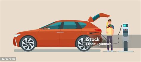 남자는 현대 전기 Cuv 자동차에 식료품 가방을 수행 전기 자동차가 충전중입니다 벡터 플랫 일러스트레이션 가방에 대한 스톡 벡터 아트 및 기타 이미지 Istock